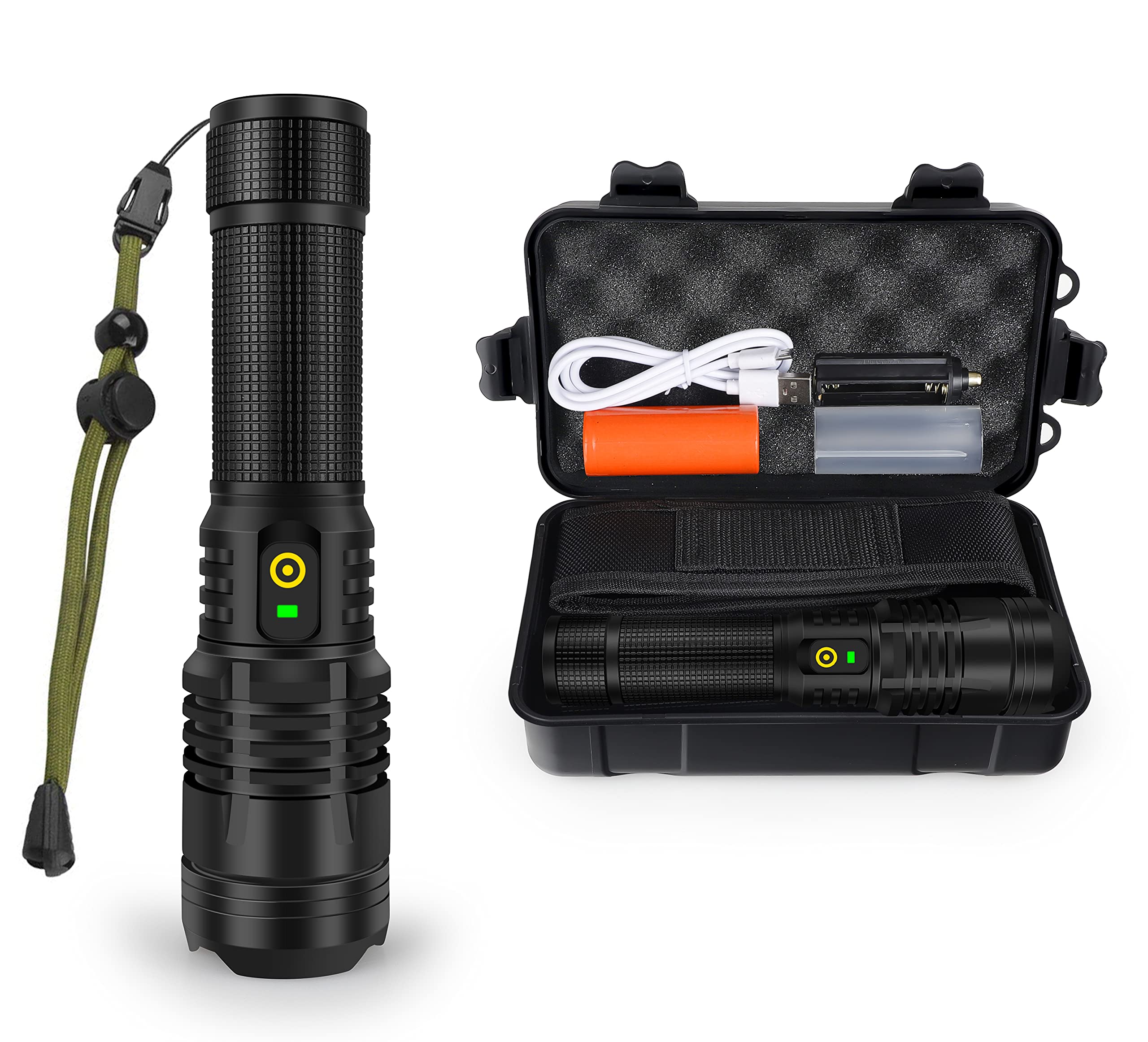 YXQUA XHP70 12000 Lumen Flashlight, Super Bright USB Rechargeable Flashlight, Powerful LED Flashlight with High Lumen, 5 Modes for Emergency, Hiking, with Holster