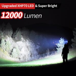 YXQUA XHP70 12000 Lumen Flashlight, Super Bright USB Rechargeable Flashlight, Powerful LED Flashlight with High Lumen, 5 Modes for Emergency, Hiking, with Holster