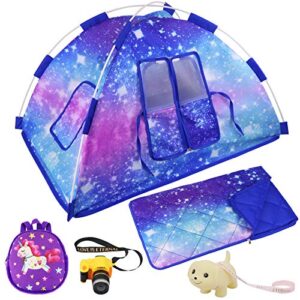 ecore fun 5 items 18 inch dolls camping tent set and accessories including girl doll tent, sleeping bag, backpack, toy camera and dog