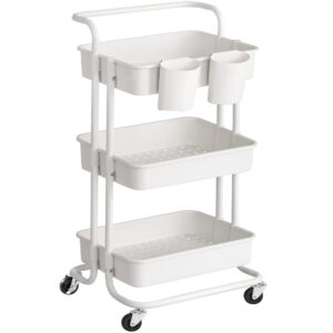 songmics rolling cart, 3-tier storage cart, storage trolley with handle 2 small organizers, steel frame, plastic baskets, utility cart, easy assembly, for bathroom laundry room, white ubsc067w01