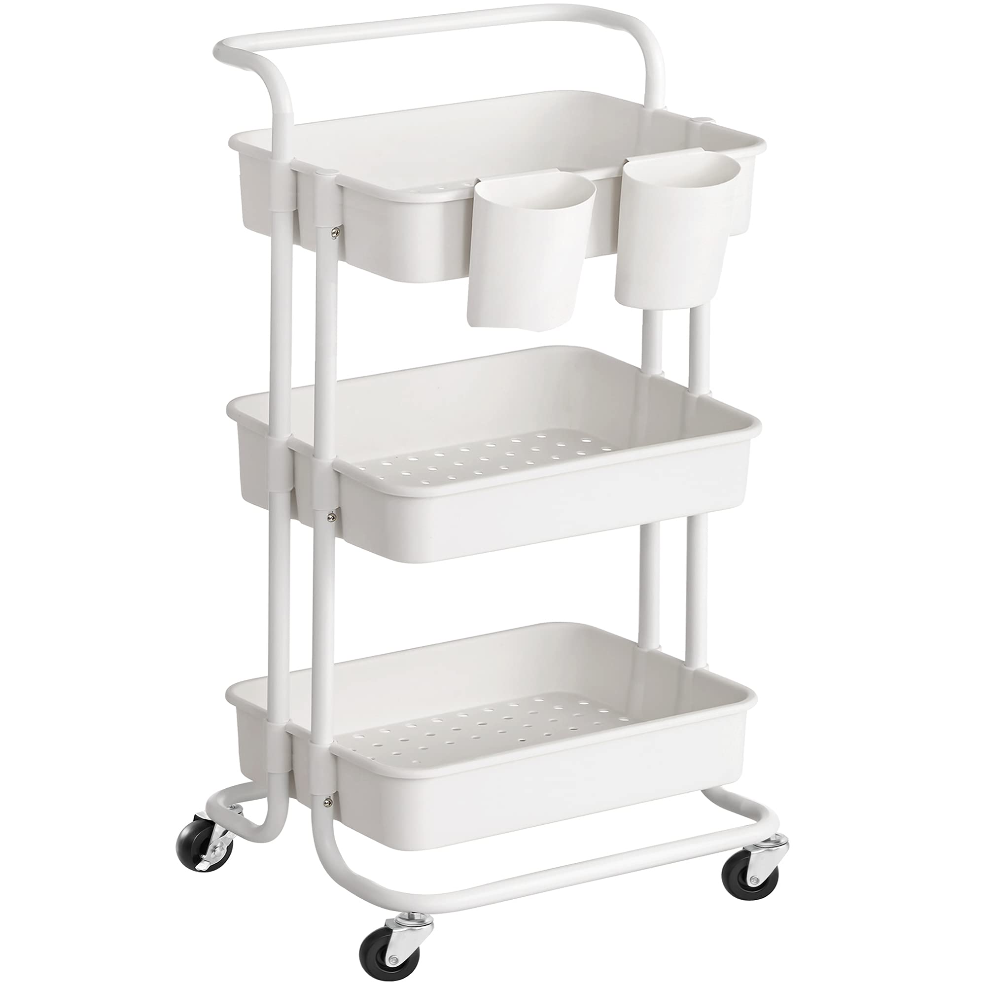 SONGMICS Rolling Cart, 3-Tier Storage Cart, Storage Trolley with Handle 2 Small Organizers, Steel Frame, Plastic Baskets, Utility Cart, Easy Assembly, for Bathroom Laundry Room, White UBSC067W01