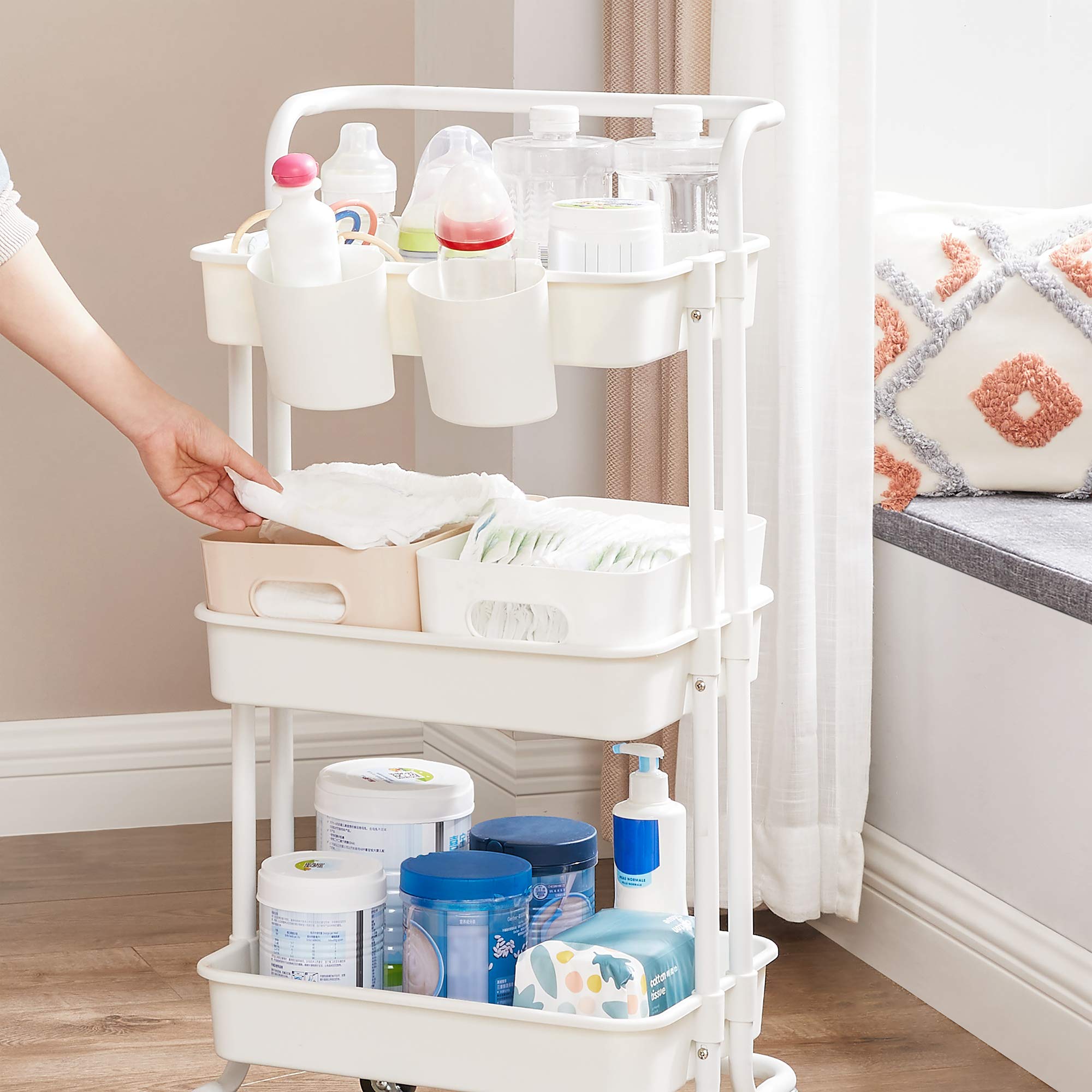 SONGMICS Rolling Cart, 3-Tier Storage Cart, Storage Trolley with Handle 2 Small Organizers, Steel Frame, Plastic Baskets, Utility Cart, Easy Assembly, for Bathroom Laundry Room, White UBSC067W01