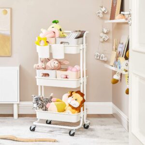 SONGMICS Rolling Cart, 3-Tier Storage Cart, Storage Trolley with Handle 2 Small Organizers, Steel Frame, Plastic Baskets, Utility Cart, Easy Assembly, for Bathroom Laundry Room, White UBSC067W01