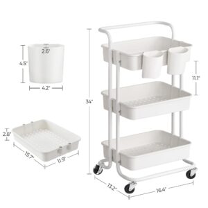 SONGMICS Rolling Cart, 3-Tier Storage Cart, Storage Trolley with Handle 2 Small Organizers, Steel Frame, Plastic Baskets, Utility Cart, Easy Assembly, for Bathroom Laundry Room, White UBSC067W01