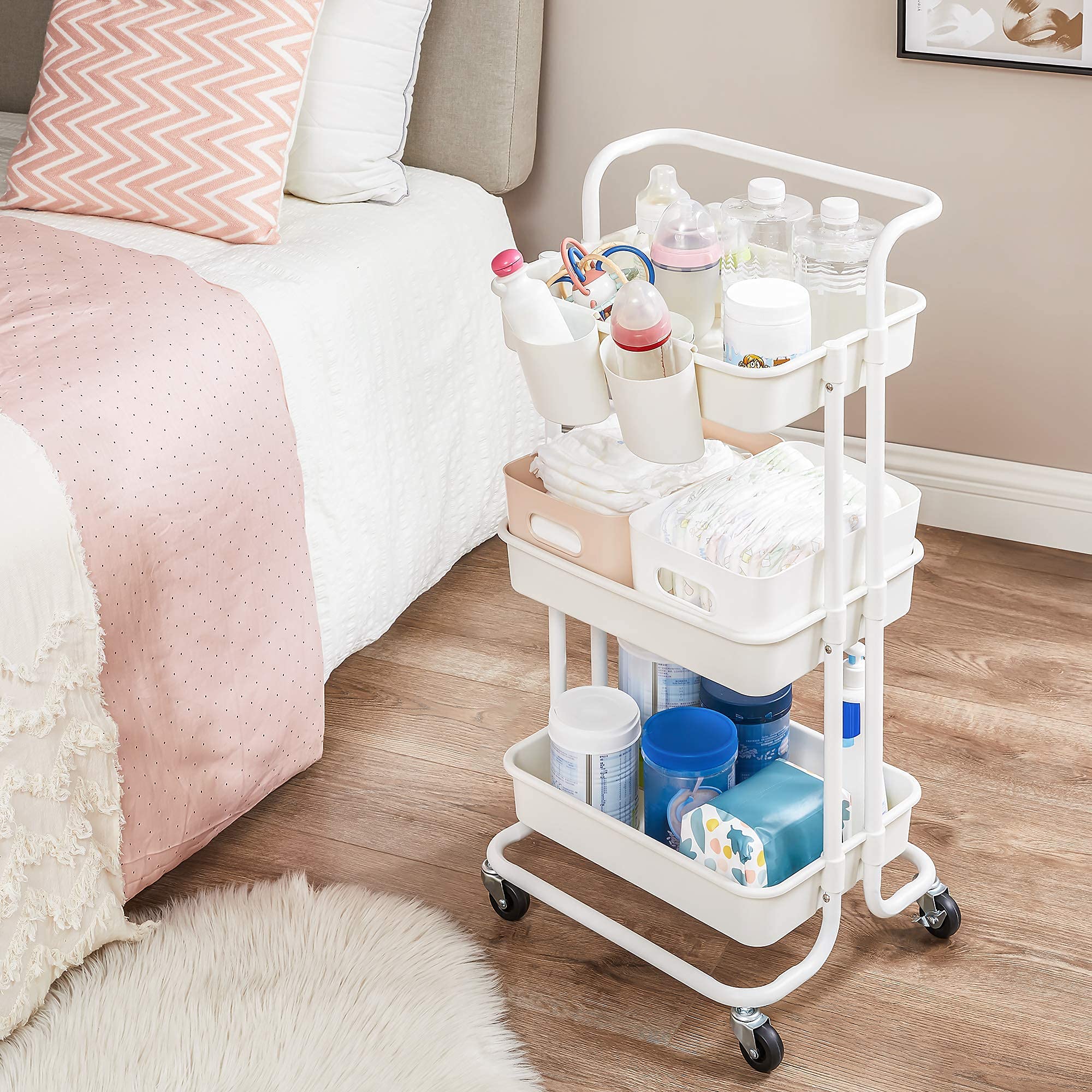 SONGMICS Rolling Cart, 3-Tier Storage Cart, Storage Trolley with Handle 2 Small Organizers, Steel Frame, Plastic Baskets, Utility Cart, Easy Assembly, for Bathroom Laundry Room, White UBSC067W01