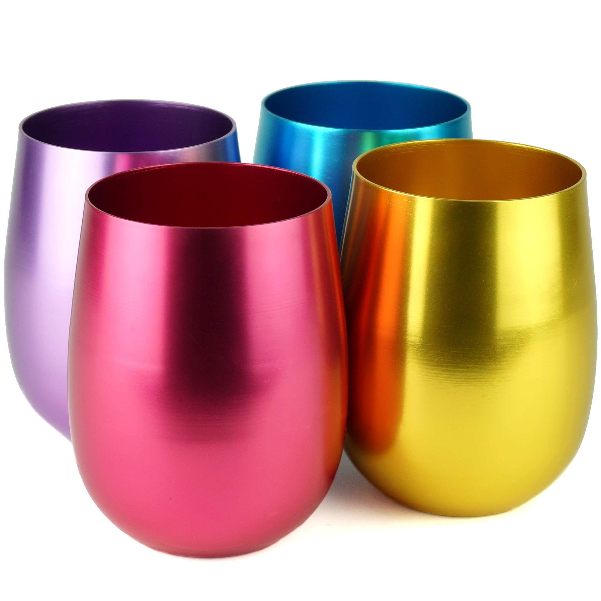 CLW Aluminum Stemless Wine/Old Fashion Glass, Set of 4, 4-Color in a Set (Purple/Blue/Pink/Gold), 16oz (Medium)