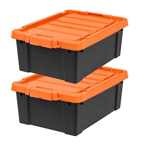 IRIS USA 11 Gallon Loackable Storage Totes with Lids, 2 Pack - Orange Lid, Heavy-Duty Durable Stackable Containers, Large Garage Organizing Bins Moving Tubs, Rugged Sturdy Equipment Utility Tool Box