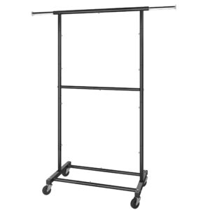 simple trending double rod clothing garment rack, rolling clothes organizer on wheels for hanging clothes, black