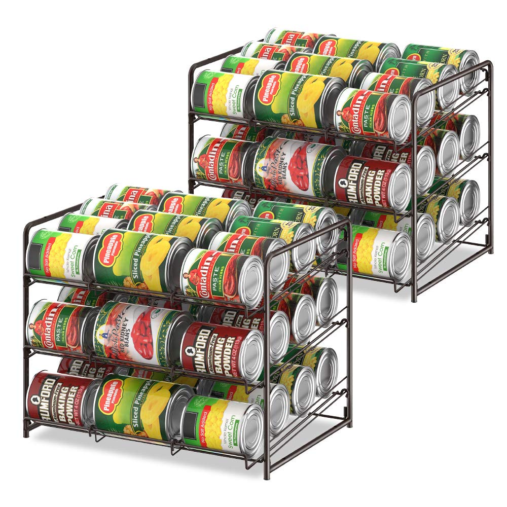 Can Organizer Stackable 2 Pack Can Storage Dispenser Rack 3 Tier Holds up 36 Cans Rotates First in First Out for Kitchen Cabinet or Pantry, Bronze