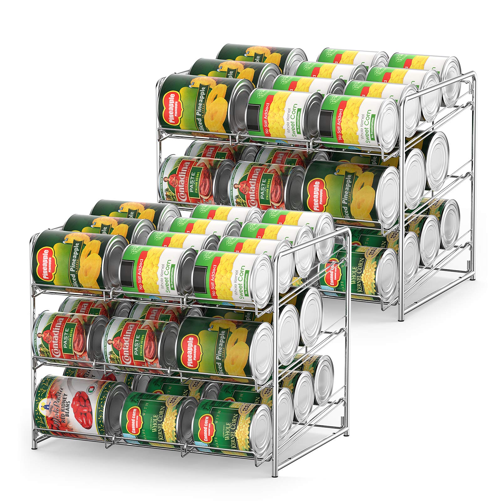 Can Organizer Stackable 2 Pack Can Storage Dispenser Rack 3 Tier Holds up 36 Cans Rotates First in First Out for Kitchen Cabinet or Pantry, Chrome Finish