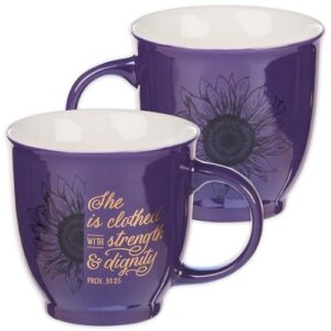 christian art gifts ceramic coffee and tea mug 14 oz inspirational bible verse cup for women: strength and dignity - proverbs 31:25 lead-free, microwave and dishwasher safe, purple sunflower