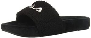 fila women's fuzzy slide sandal, black red/white, 9