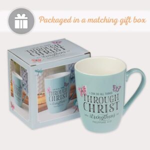 Christian Art Gifts Ceramic Coffee Mug for Women 12 oz Light Blue with Butterflies Inspirational Coffee Cup - All Things Through Christ - Philippians 4:13Novelty Microwave and Dishwasher Safe