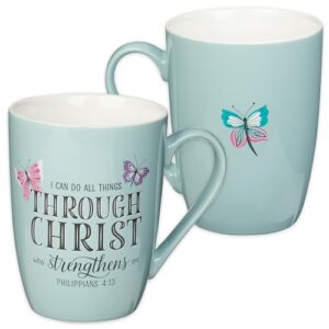 christian art gifts ceramic coffee mug for women 12 oz light blue with butterflies inspirational coffee cup - all things through christ - philippians 4:13novelty microwave and dishwasher safe