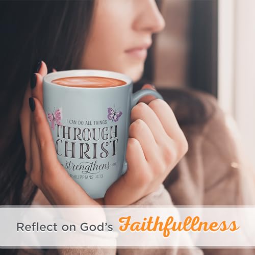 Christian Art Gifts Ceramic Coffee Mug for Women 12 oz Light Blue with Butterflies Inspirational Coffee Cup - All Things Through Christ - Philippians 4:13Novelty Microwave and Dishwasher Safe