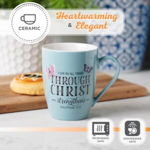 Christian Art Gifts Ceramic Coffee Mug for Women 12 oz Light Blue with Butterflies Inspirational Coffee Cup - All Things Through Christ - Philippians 4:13Novelty Microwave and Dishwasher Safe