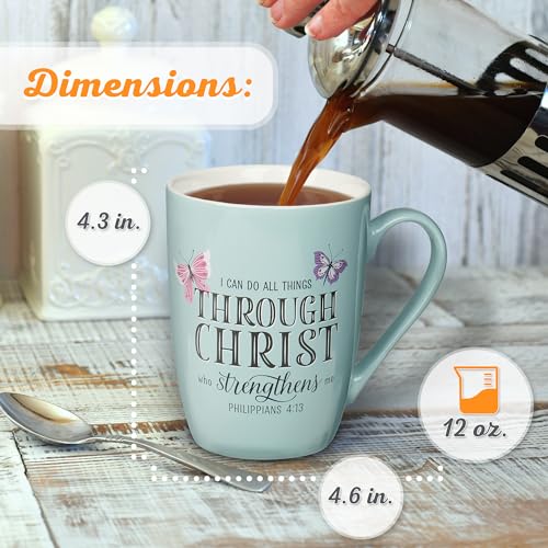 Christian Art Gifts Ceramic Coffee Mug for Women 12 oz Light Blue with Butterflies Inspirational Coffee Cup - All Things Through Christ - Philippians 4:13Novelty Microwave and Dishwasher Safe