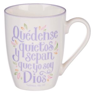 christian art gifts taza de cerámica quédate quieto y conoce salmos 46:10 apta para microondas y lavavajillas, sin plomo, blanco cremoso y lila taza de café inspiradora, 12 onzas