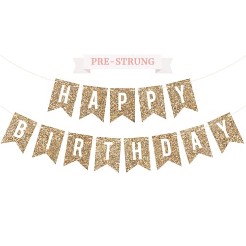 Pre-Strung Happy Birthday Banner - NO DIY - Gold Glitter Birthday Party Banner - Pre-Strung Garland on 6 ft Strands - Gold Birthday Party Decorations & Decor. Did we Mention no DIY?