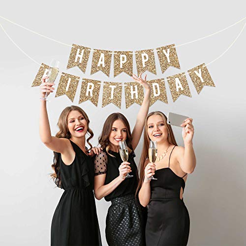 Pre-Strung Happy Birthday Banner - NO DIY - Gold Glitter Birthday Party Banner - Pre-Strung Garland on 6 ft Strands - Gold Birthday Party Decorations & Decor. Did we Mention no DIY?