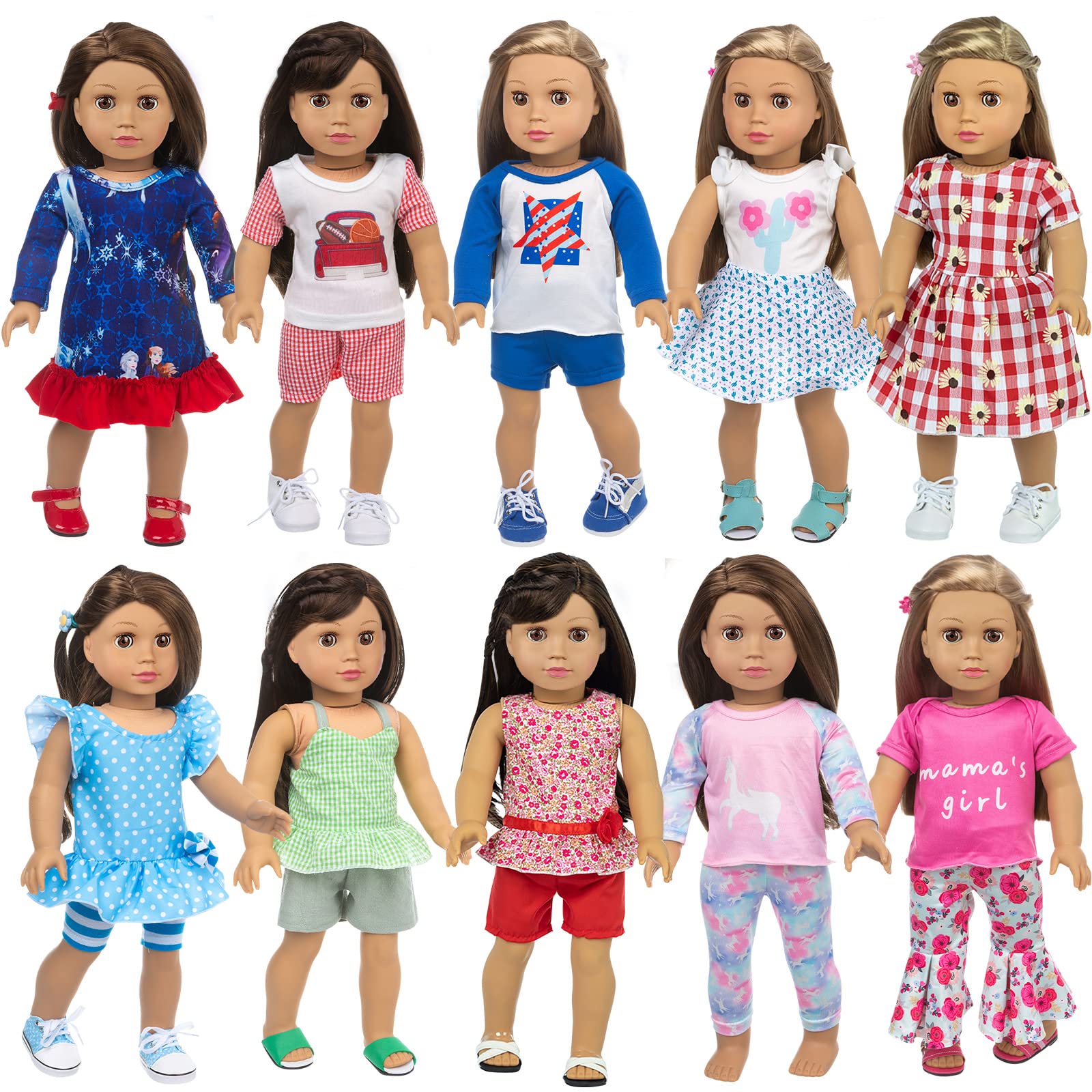 ZQDOLL 23 Pcs American Doll Clothes Dress and Accessories fit American 18 inch Dolls - Including 10 Complete Set of Clothing, Doll Accessories with Hair Bands and Hair Clip