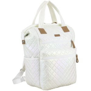 bodhi quilted luxe top handles backpack with trolley sleeve - white iridescent