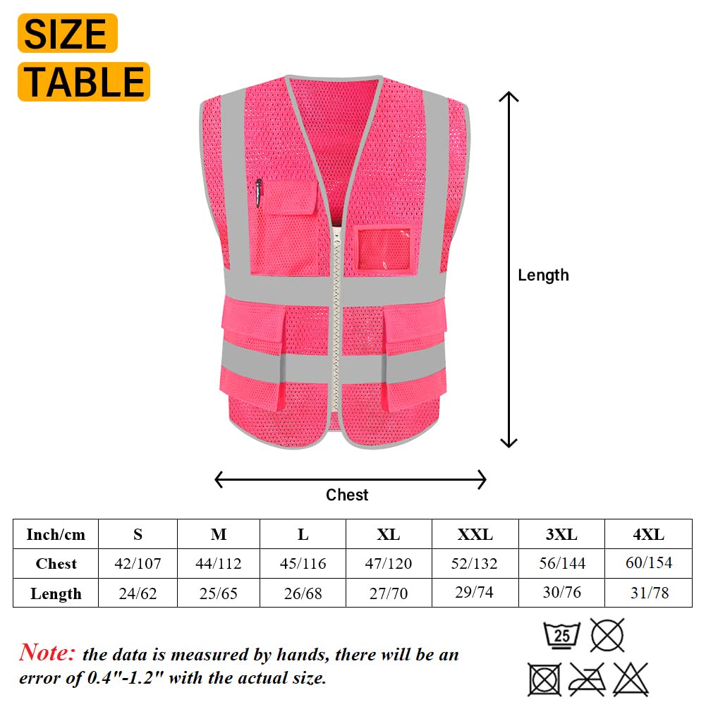 HYCOPROT High Visibility Mesh Safety Reflective Vest with Pockets and Zipper, Meets ANSI/ISEA Standards (Small, Pink)