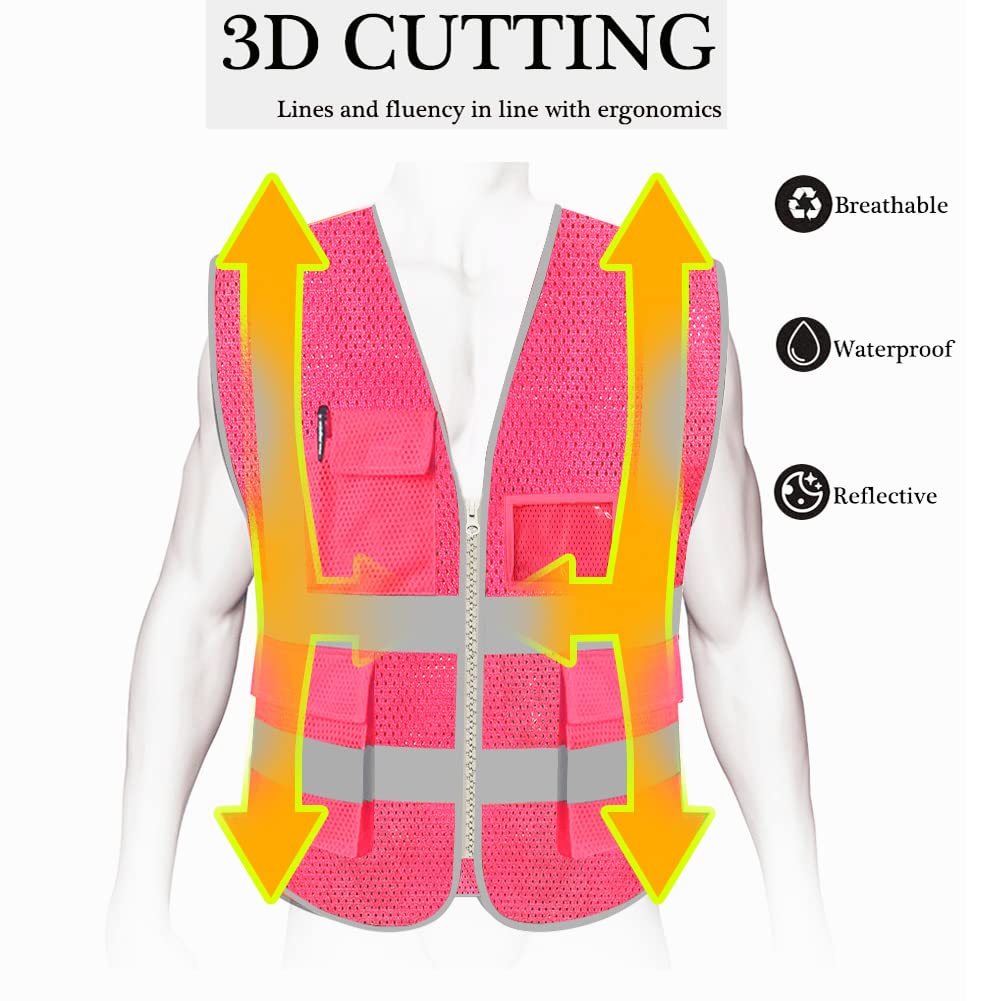 HYCOPROT High Visibility Mesh Safety Reflective Vest with Pockets and Zipper, Meets ANSI/ISEA Standards (Small, Pink)