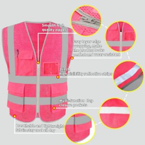 HYCOPROT High Visibility Mesh Safety Reflective Vest with Pockets and Zipper, Meets ANSI/ISEA Standards (Small, Pink)