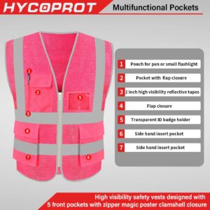 HYCOPROT High Visibility Mesh Safety Reflective Vest with Pockets and Zipper, Meets ANSI/ISEA Standards (Small, Pink)