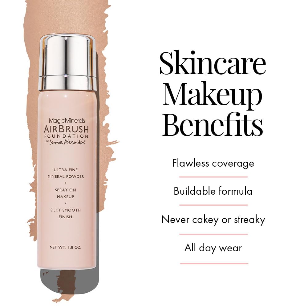 Jerome Alexander MagicMinerals AirBrush Foundation, Spray Makeup with Skincare Active Ingredients, Ultra-Light, Buildable, Full Coverage Formula (Warm Medium)