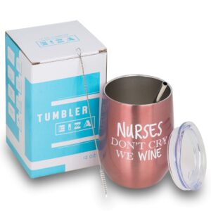 nurse wine tumbler with lid, straw, and cleaning brush - nurse gifts for women - insulated stainless steel wine tumbler - dishwasher safe - funny rn gifts for nurses - rose gold - 12oz