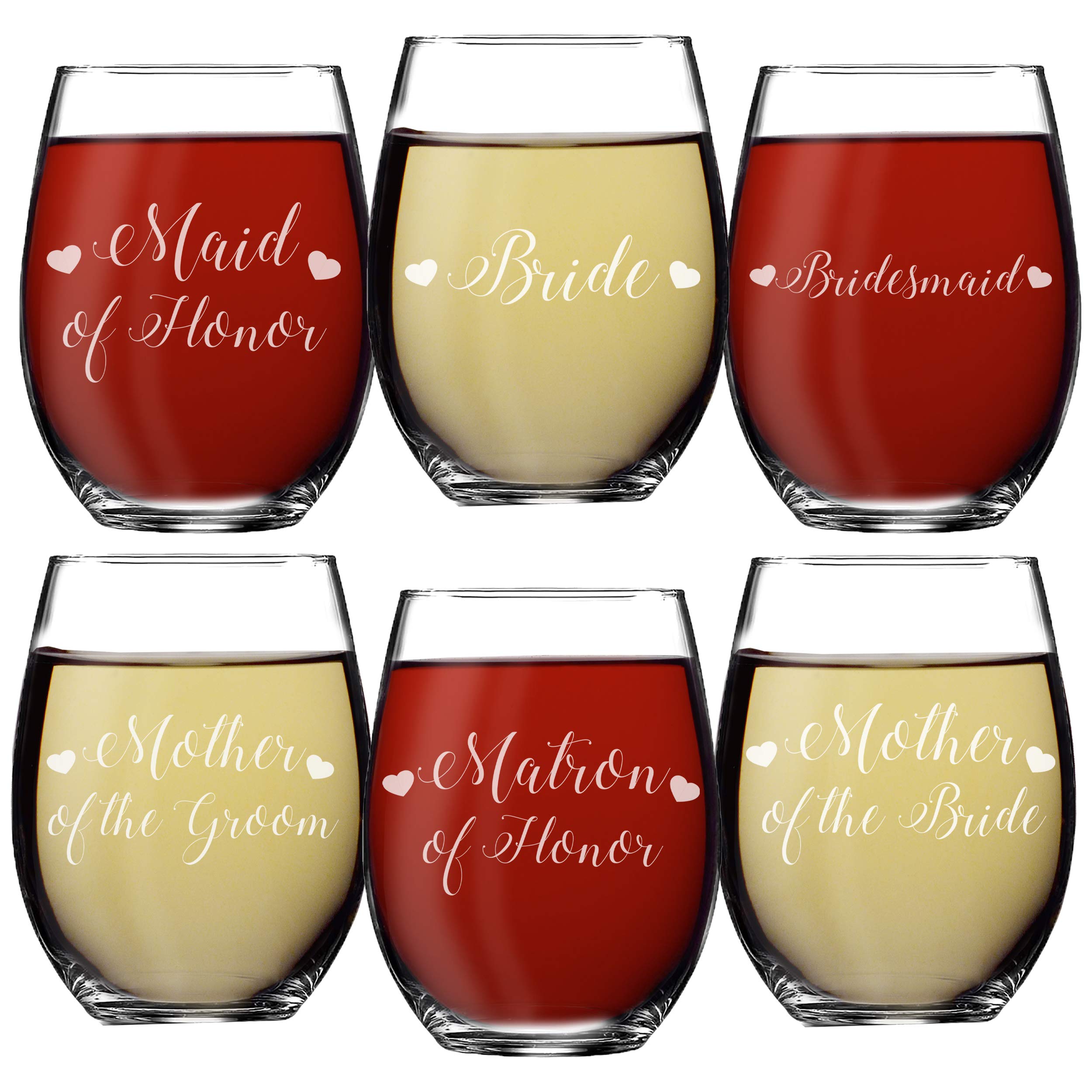 My Personal Memories Bride, Bridesmaid, Mother of the Bride, Groom, Maid and Matron of Honor 15 oz Stemless Wine Glasses - Hearts Design