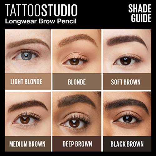 Maybelline TattooStudio Waterproof Eyebrow Pencil, Sharpenable, Longwear, Long Lasting Eyebrow Pencil, Defined Brows, Pigment Brow Pencil, Soft Brown, 1 Count