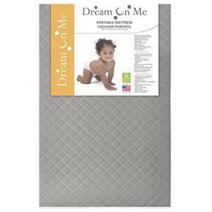 dream on me aster 3" fiber portable mini crib mattress, waterproof vinyl cover, greenguard gold certified, mini crib mattress, 38" l x 24" w x 3" th, grey