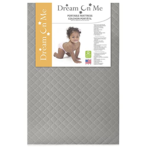 Dream On Me Aster 3" Fiber Portable Mini Crib Mattress, Waterproof Vinyl Cover, Greenguard Gold Certified, Mini Crib Mattress, 38" L x 24" W x 3" Th, Grey