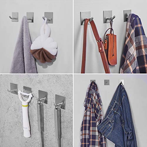 FOMANSH Heavy Duty Adhesive Hooks, Stick on Wall Adhesive Hangers, Strong Stainless Steel Holder, Self Adhesive Hooks for Kitchen Bathroom Home Door Towel Coat Key Robe 6 Packs Silver