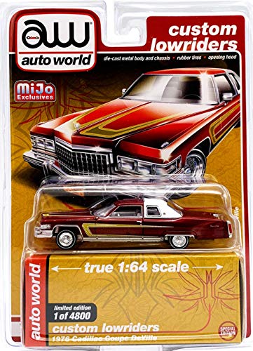 1976 Cadillac Coupe DeVille Burgundy and White with Chrome Wheels Custom Lowriders Ltd Ed to 4800 pcs 1/64 Diecast Model Car by Autoworld CP7661