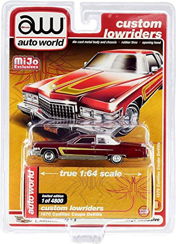 1976 Cadillac Coupe DeVille Burgundy and White with Chrome Wheels Custom Lowriders Ltd Ed to 4800 pcs 1/64 Diecast Model Car by Autoworld CP7661