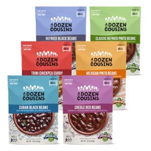 a dozen cousins seasoned microwave beans variety pack - black beans, garbanzo beans, refried beans and more - vegan and vegetarian non-gmo meals ready to eat made with avocado oil (6 pack)