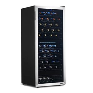 newair freestanding 98 bottle dual zone compressor wine fridge with low-vibration ultra-quiet inverter compressor, adjustable racks and exterior digital thermostat