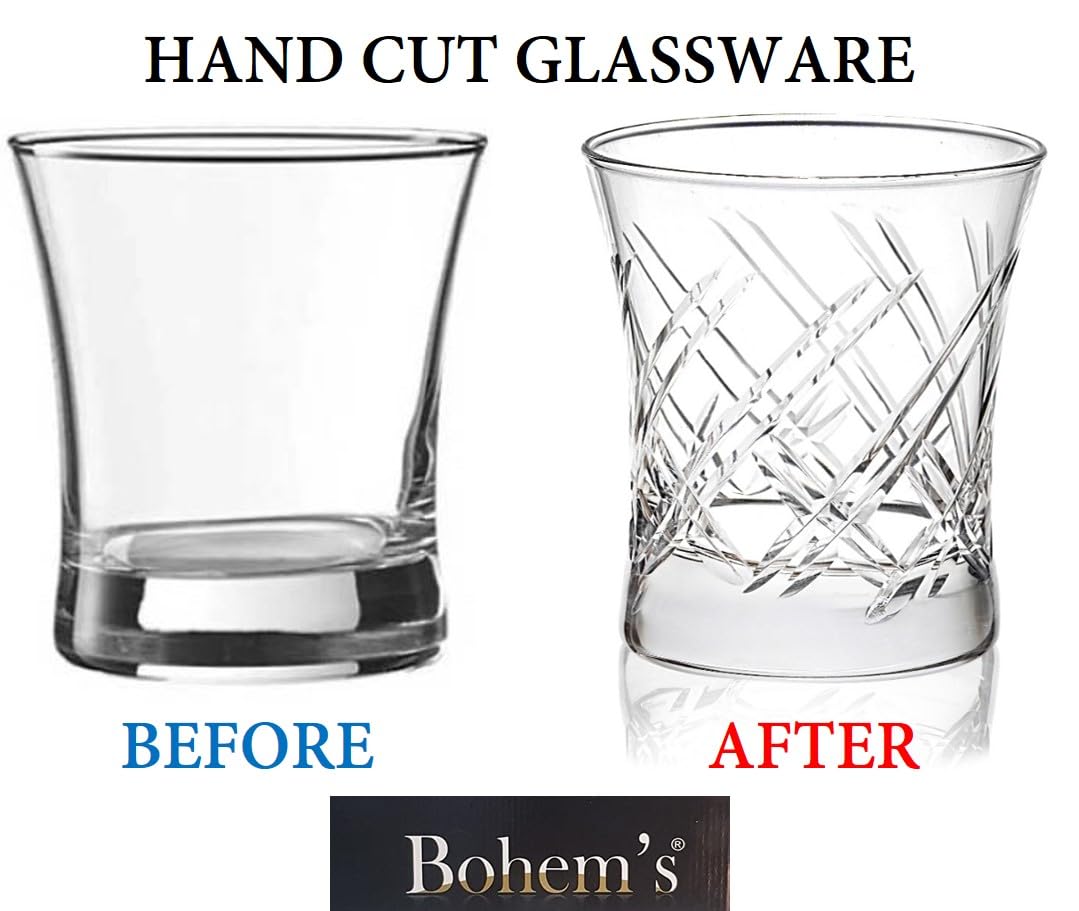 BOHEM'S Drinking Glasses for Water, Juice, Beer, Wine and Cocktails, Set of 6, Clear Tempered Glass Hand Cut Tumblers, Glassware Set for All Occasions (8 oz)