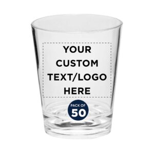 discount promos custom translucent plastic shot glasses 1.5 oz. set of 50, personalized bulk pack - acrylic, great for wedding, party, birthday, gifts - clear