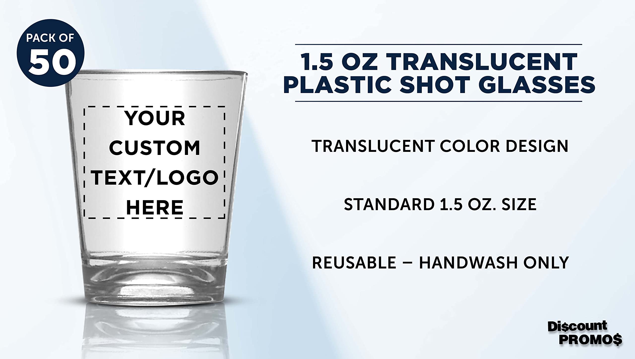 DISCOUNT PROMOS Custom Translucent Plastic Shot Glasses 1.5 oz. Set of 50, Personalized Bulk Pack - Acrylic, Great for Wedding, Party, Birthday, Gifts - Clear