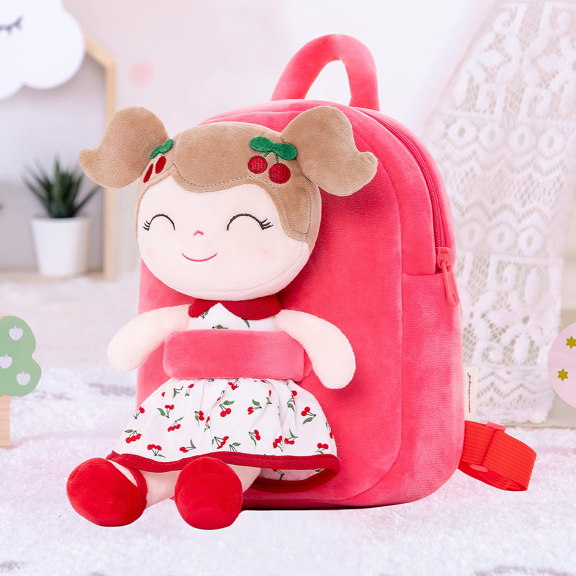 Gloveleya Toddler Backpack Plush Kids Bag with Soft doll Cherry Girl Red for Age 2+