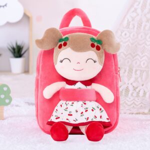 Gloveleya Toddler Backpack Plush Kids Bag with Soft doll Cherry Girl Red for Age 2+