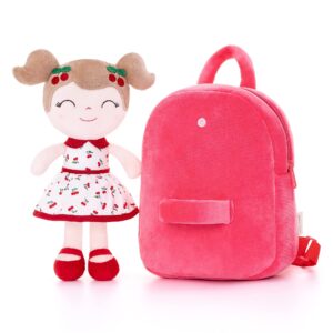 Gloveleya Toddler Backpack Plush Kids Bag with Soft doll Cherry Girl Red for Age 2+