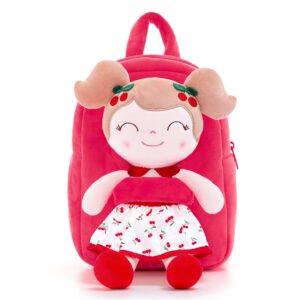 Gloveleya Toddler Backpack Plush Kids Bag with Soft doll Cherry Girl Red for Age 2+