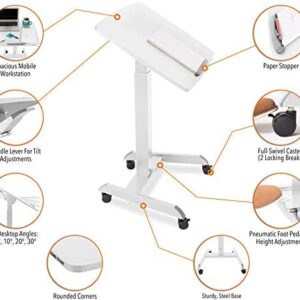 Stand Steady Multifunctional Mobile Podium Desk | Portable Sit to Stand Lectern with Pneumatic Height Adjustment & Tilting Desktop | Rolling Laptop Stand | Mobile Desk for School, Home, Office (White)