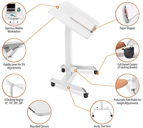 Stand Steady Multifunctional Mobile Podium Desk | Portable Sit to Stand Lectern with Pneumatic Height Adjustment & Tilting Desktop | Rolling Laptop Stand | Mobile Desk for School, Home, Office (White)